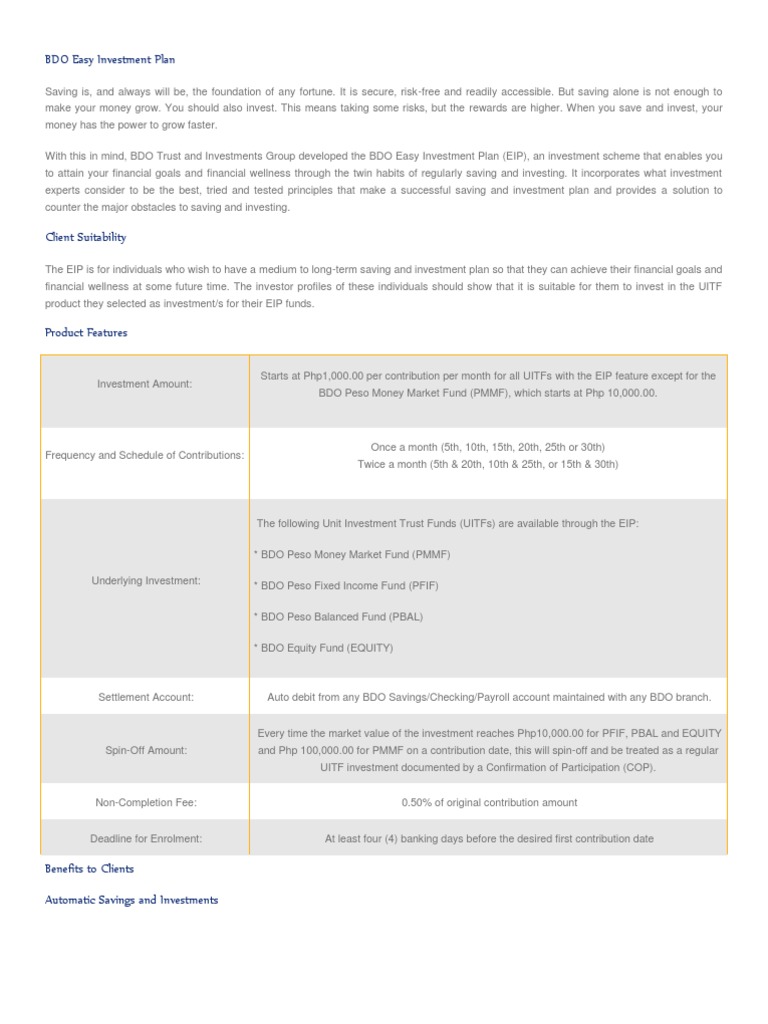 BDO Easy Investment Plan | PDF | Investor | Investing