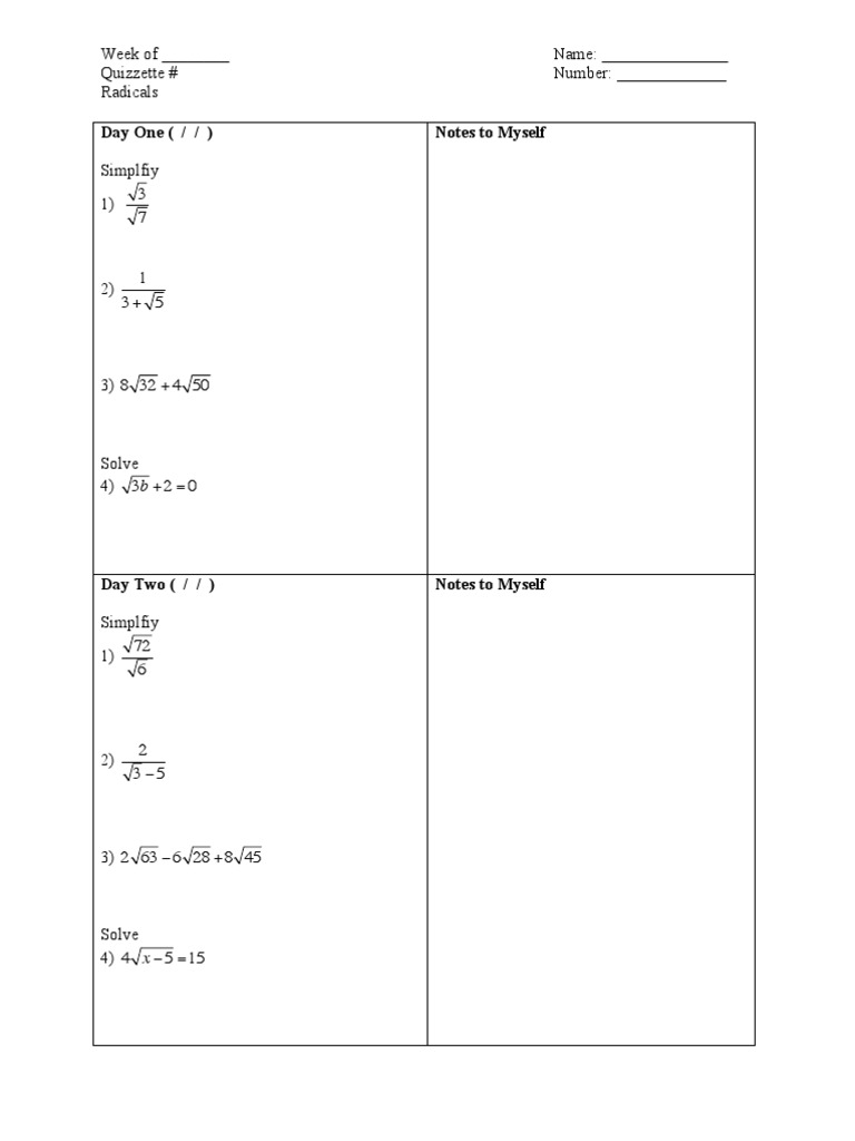 Day One (/ /) Notes To Myself: Week of - Name: - Quizzette # Number ...