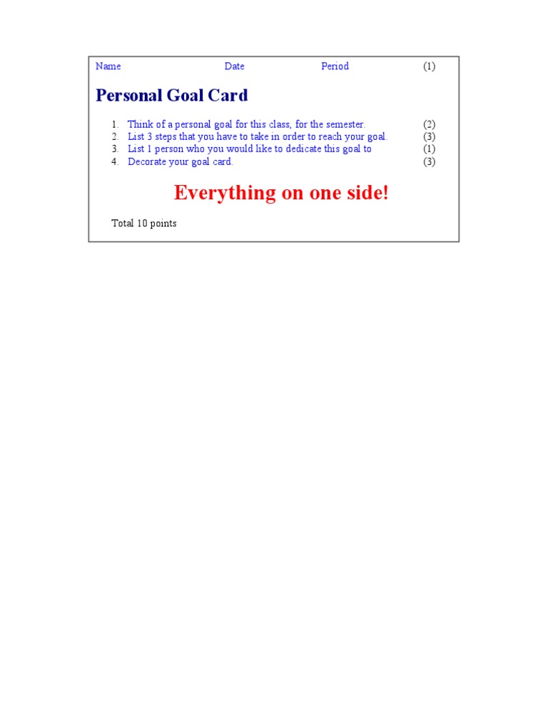 Personal Goal Card | PDF | Career & Growth | Sports & Recreation