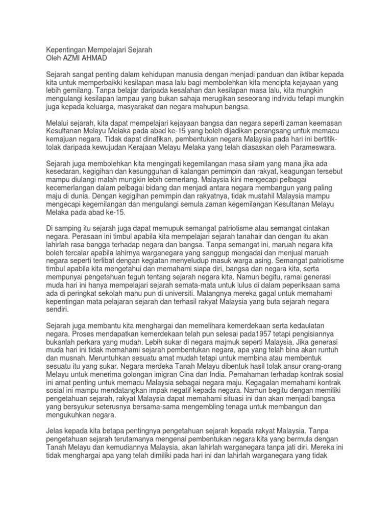 Kepentingan Mata Pelajaran Sejarah Kepada Pelajar Kepentingan Mata