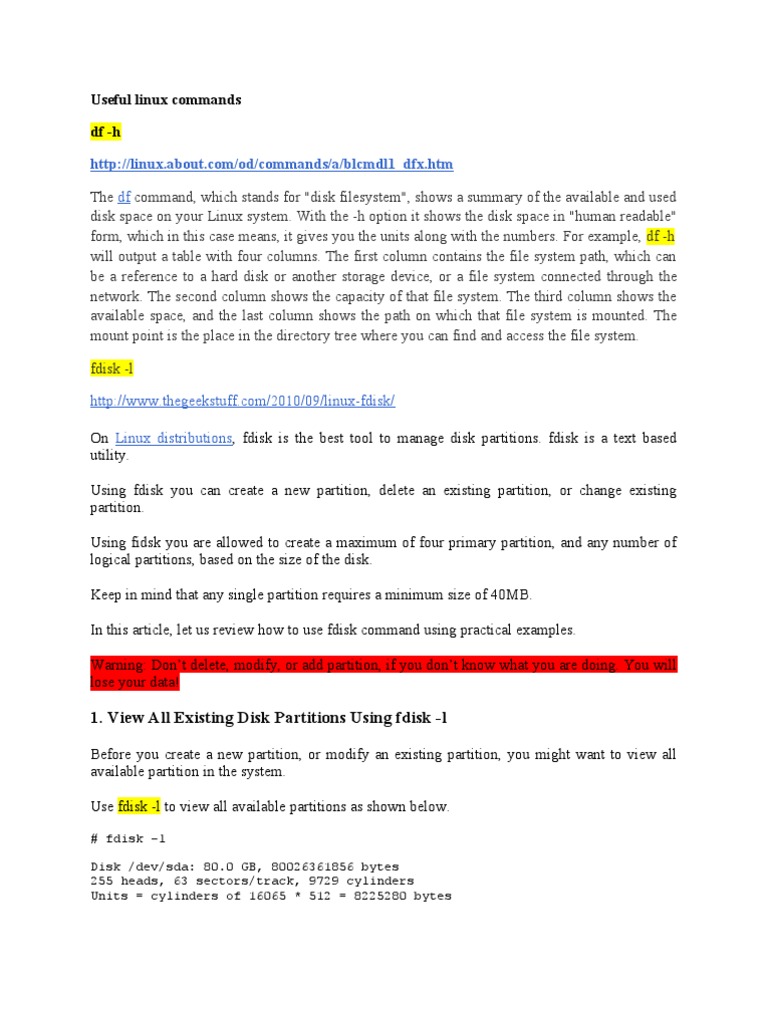 Useful Linux Commands Df H 1 View All Existing Disk Partitions Using Fdisk L Pdf File 5541