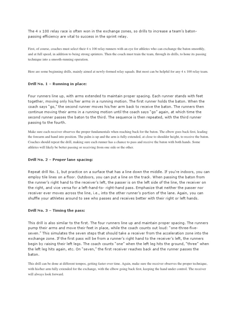 4x100 Relay Baton Passing Drills | PDF | Racing | Sports