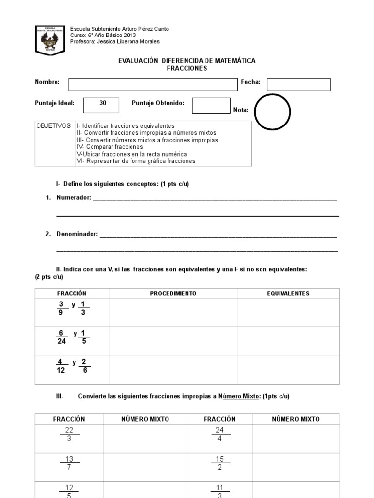 Evaluación de Fracciones para 6° Básico | PDF
