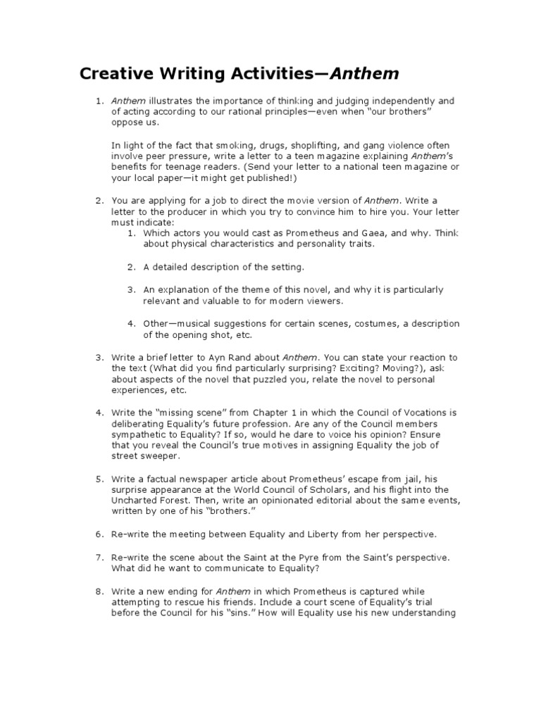 Anthem Creative Writing Activities | PDF | Science | Philosophical Science