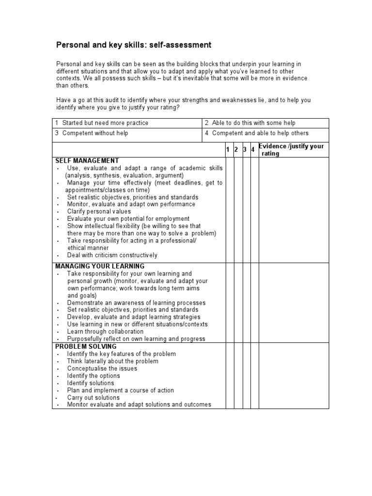 Personal and Key Skills Self Assessment Audit | PDF | Evaluation ...