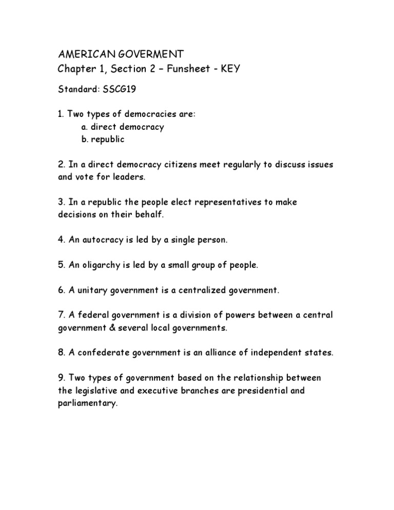 American Goverment Chapter 1, Section 2 - Funsheet - KEY | PDF