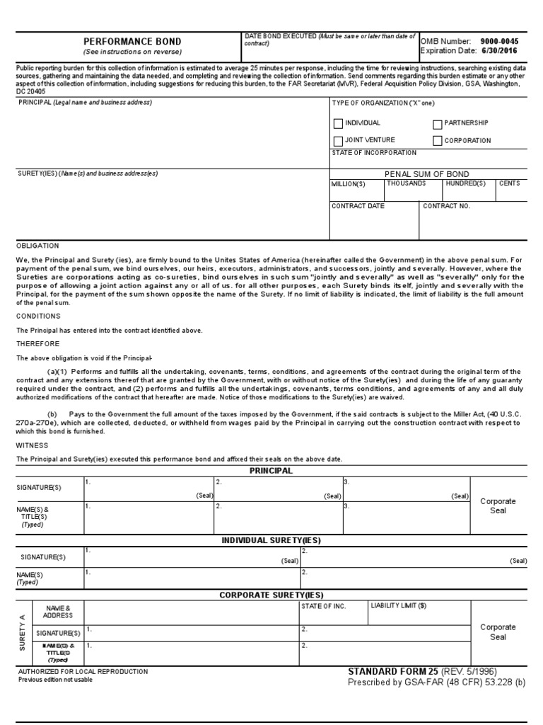 Standard Form 25 Performance Bond | PDF | Surety Bond | Private Law
