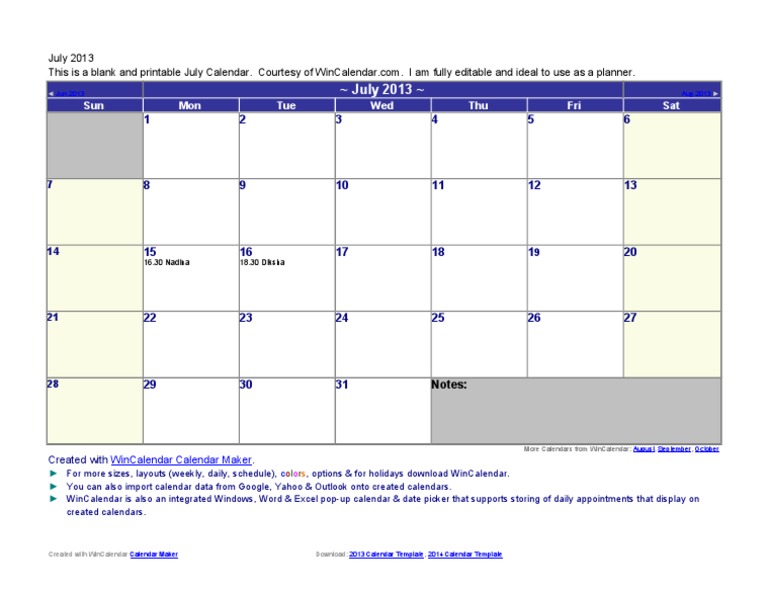 Editable July 2013 Calendar | PDF | Art