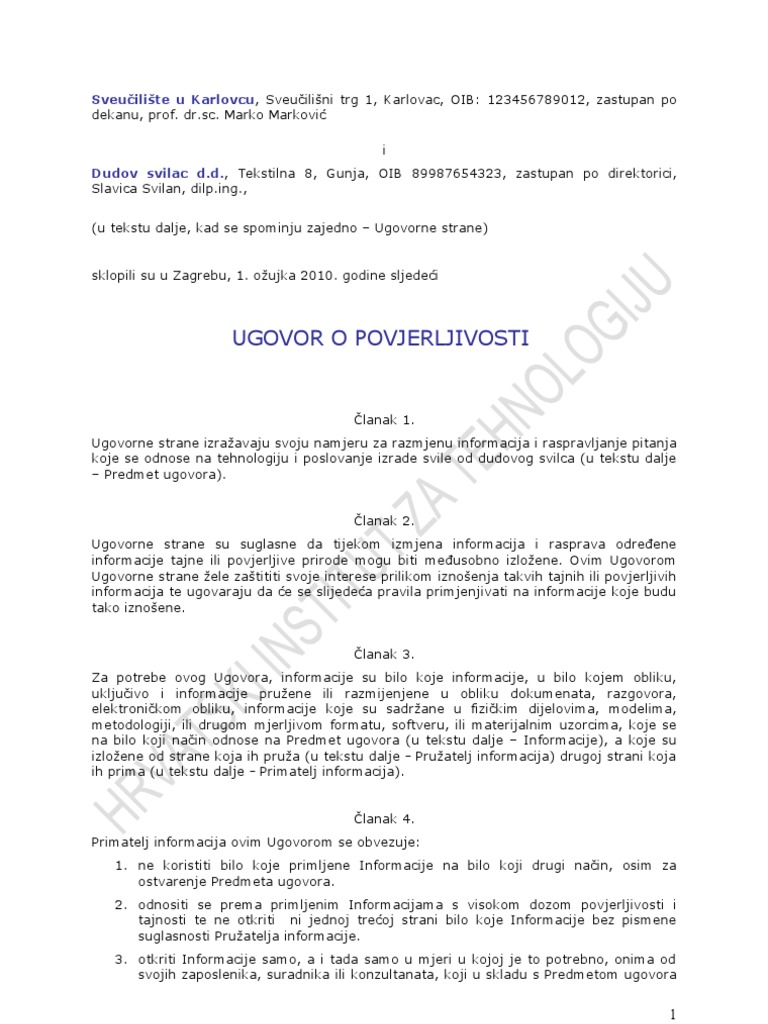 Dvostrani Ugovor o Povjerljivosti | PDF