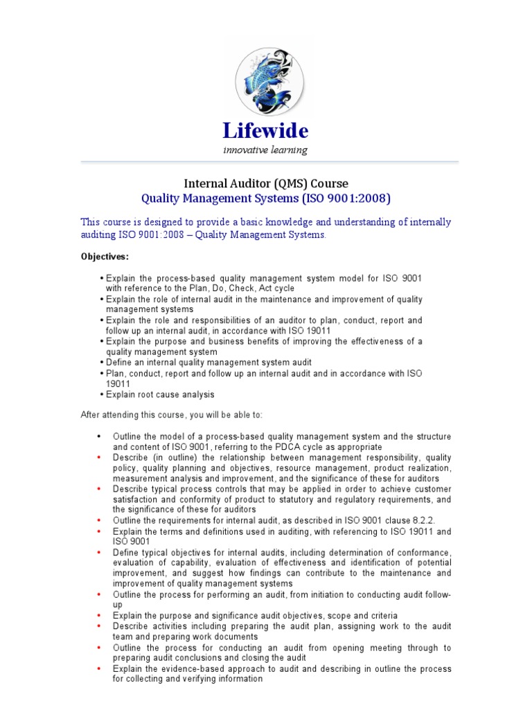 Qms Internal Auditor Course Syllabus Pdf Internal Audit Audit