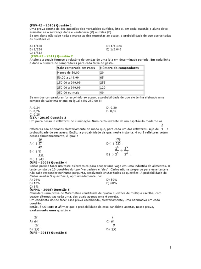 Análise estatística de questões sobre probabilidade e estatística em provas de vestibulares e ...
