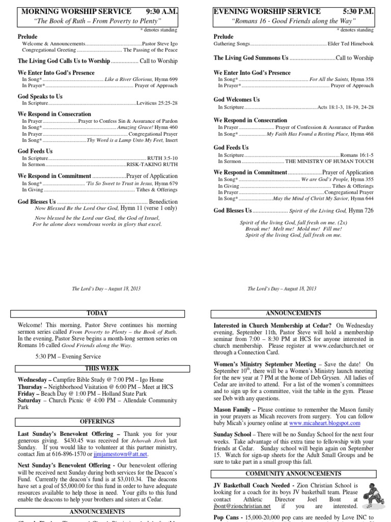 Morning Worship Service 9:30 A.M. Evening Worship Service 5:30 P.M ...