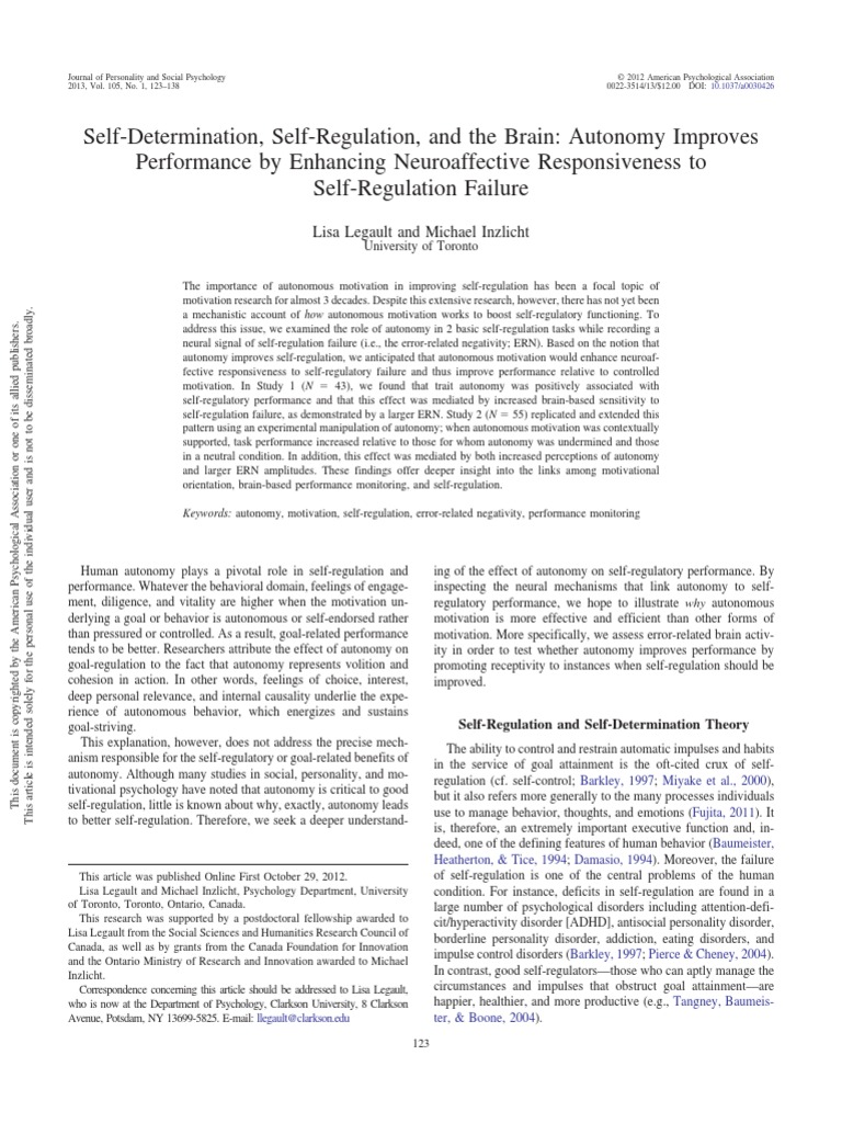 Self-Determination, Self-Regulation, and The Brain: Autonomy Improves ...