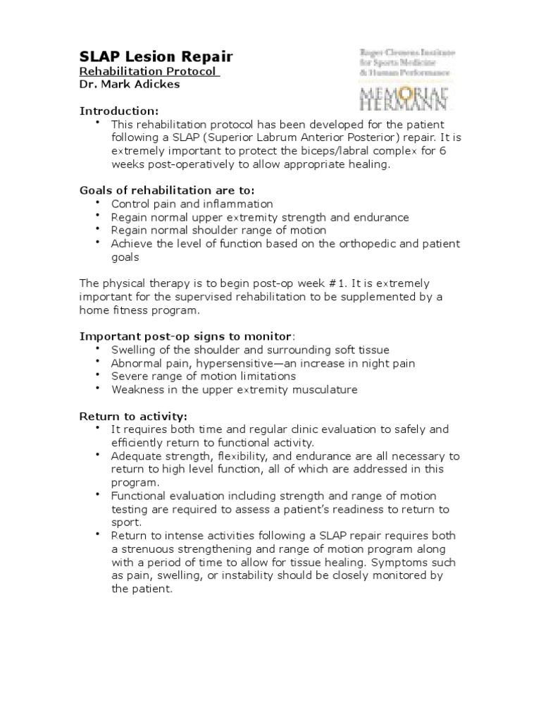 Slap Lesion Repair Rehabilitation Protocol | PDF | Anatomical Terms Of ...