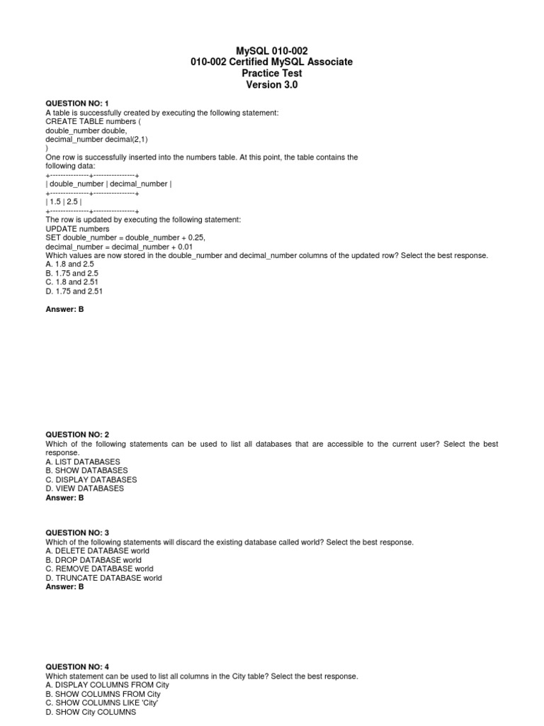 Mysql 010-002 010-002 Certified Mysql Associate Practice Test | PDF ...