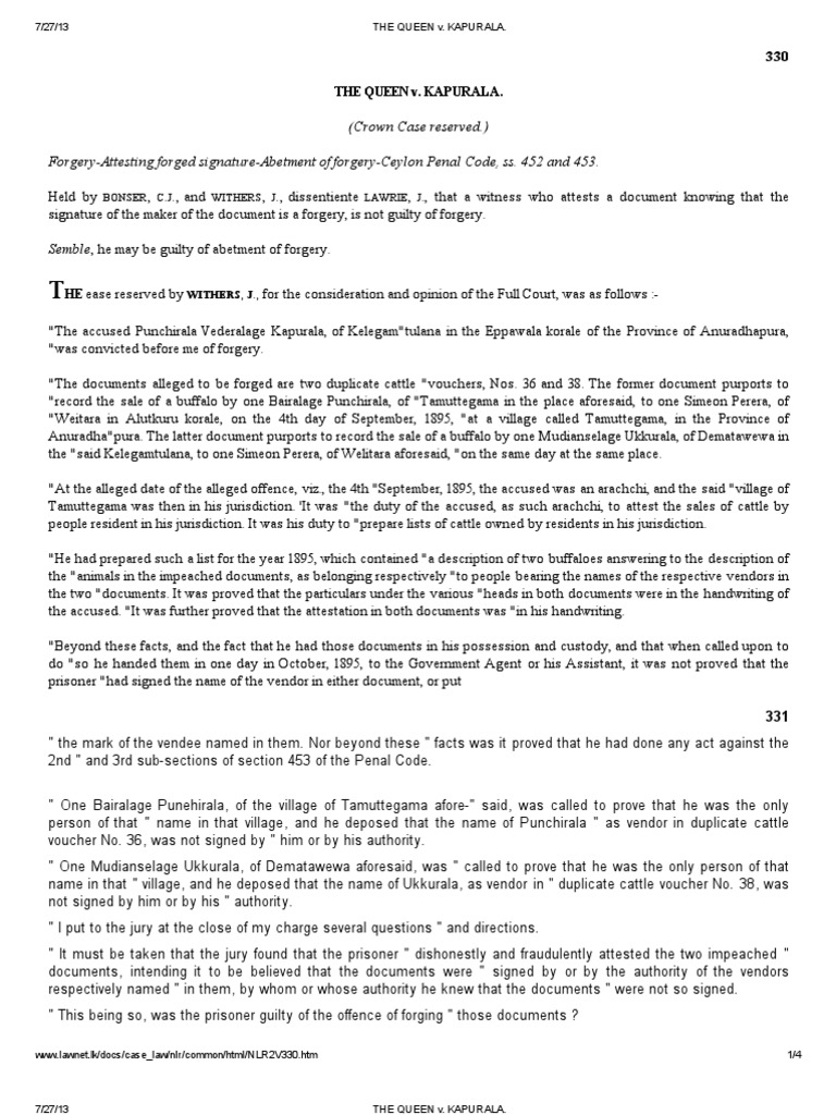 (Crown Case Reserved.) Forgery-Attesting Forged Signature-Abetment of ...