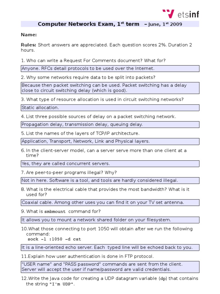 Computer Networks Exam, 1 Term | PDF | Transmission Control Protocol ...