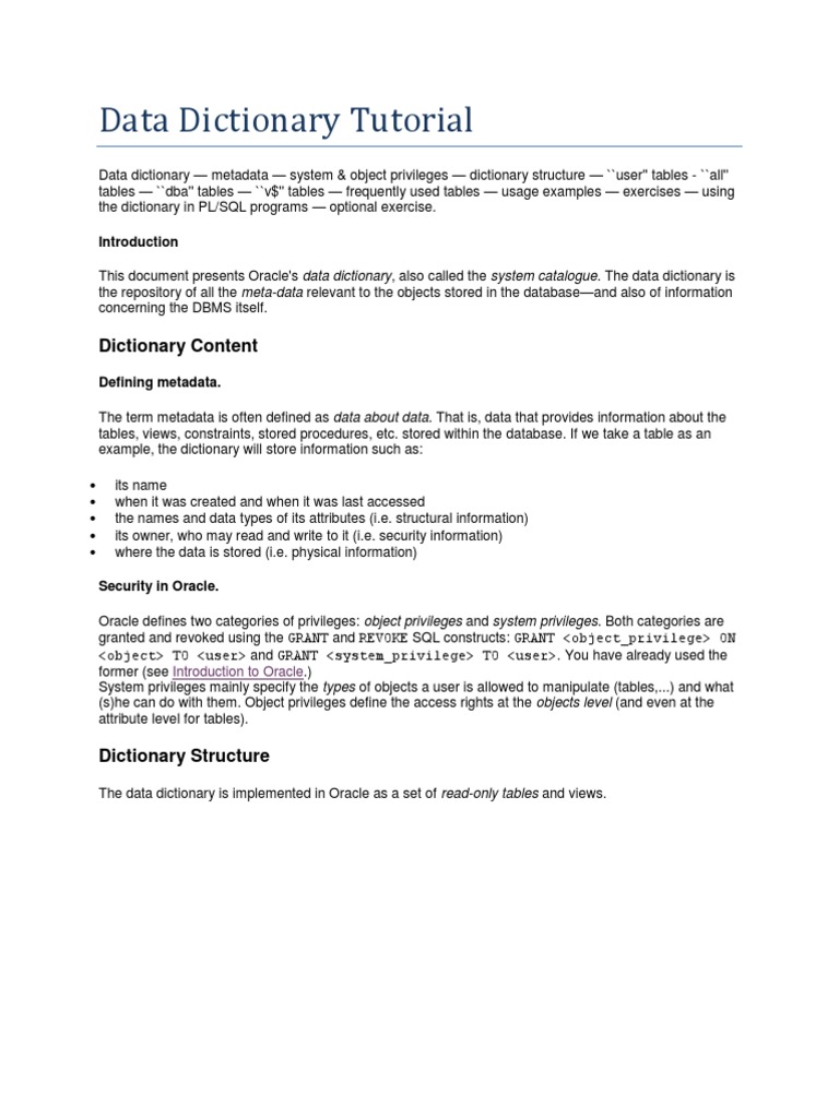 Data Dictionary Tutorial | PDF | Oracle Database | Metadata