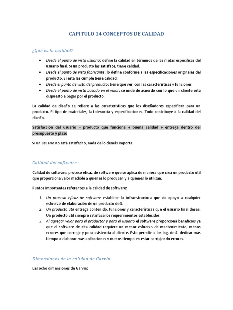 Capitulo 14 Conceptos de Calidad | Descargar gratis PDF | Software | Calidad (comercial)