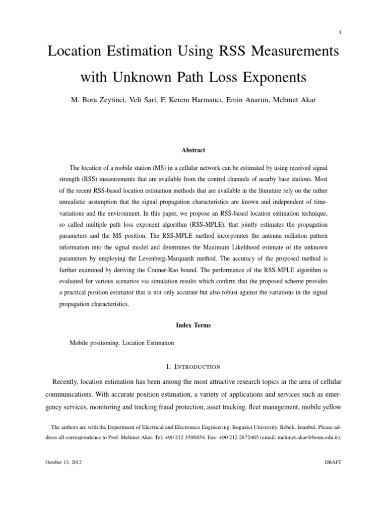 Location Estimation Using RSS Measurements With Unknown Path Loss Exponents | PDF | Mean Squared ...