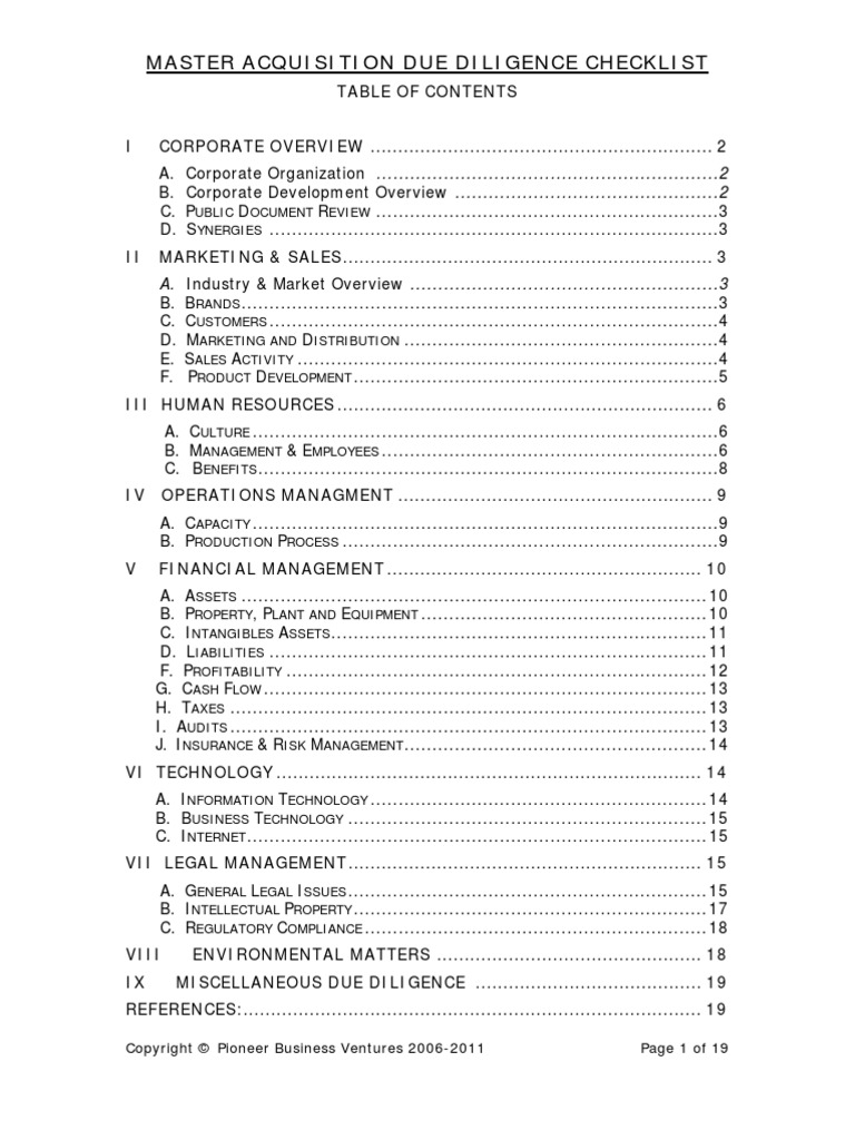 Master Acquisition Due Diligence Checklist | Due Diligence | Mergers ...