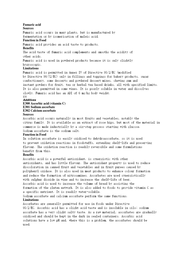 Fumaric Acid Sources: Additives | PDF | Vitamin C | Antioxidant