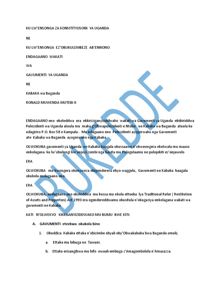 BUGANDA-UGANDA GOVT Agreement August 1, 2013 | PDF | Royalties | Uganda