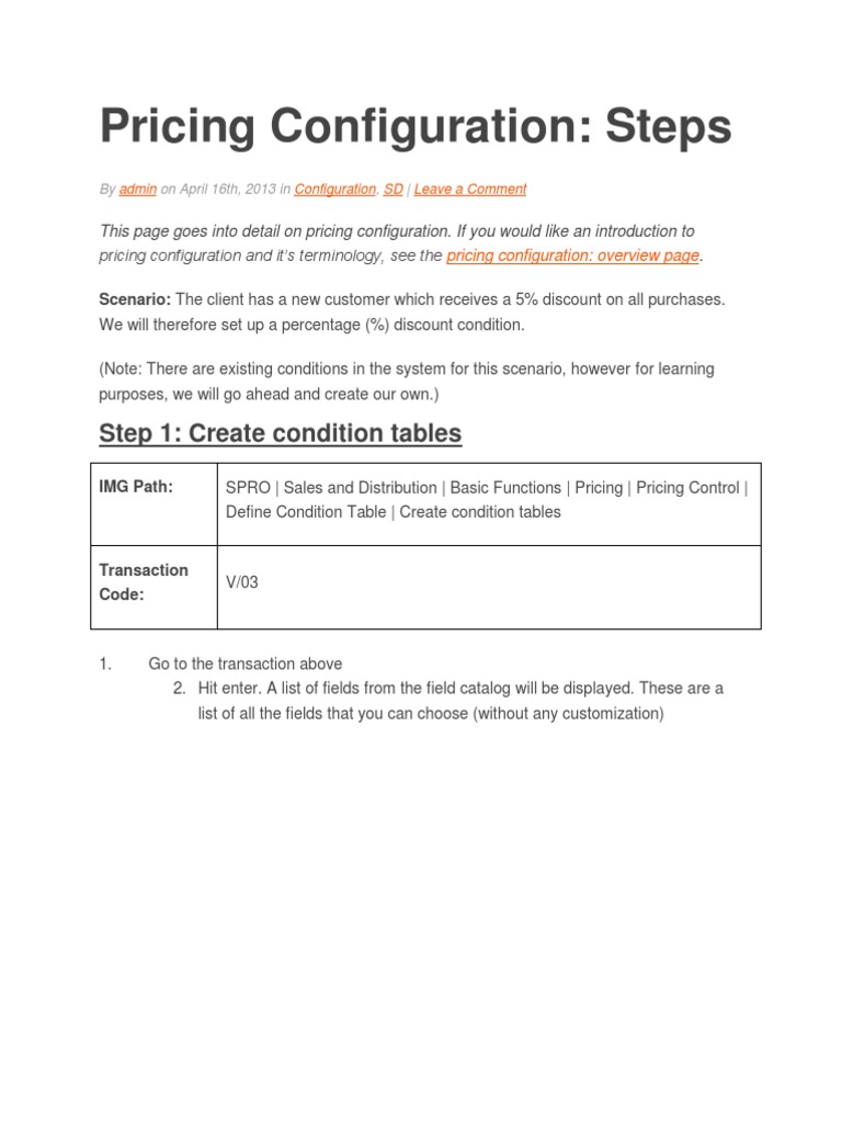 Pricing Configuration: Steps: Step 1: Create Condition Tables | PDF ...