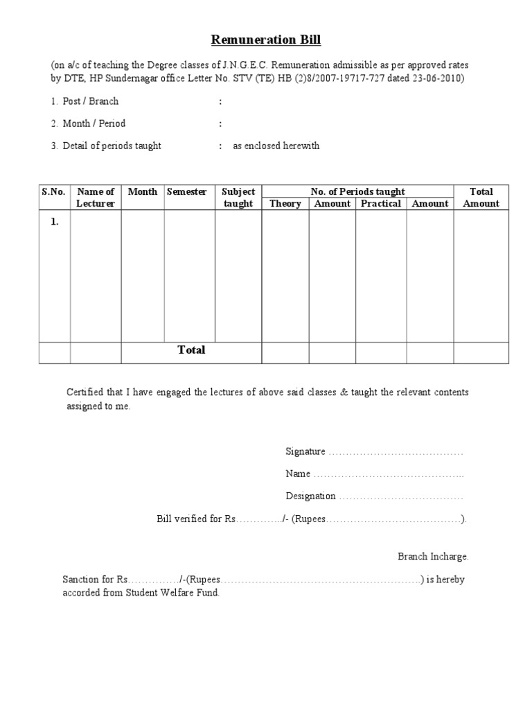 Remuneration Bill:::: As Enclosed Herewith | PDF