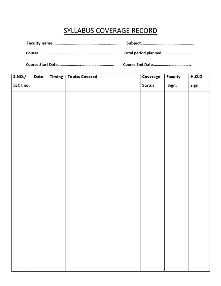 Syllabus Coverage Record: Faculty Name Subject | PDF | Foreign Language ...