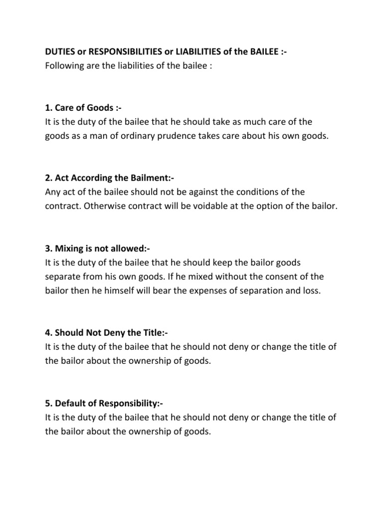 Duties or Responsibilities or Liabilities of The Bailee | PDF ...