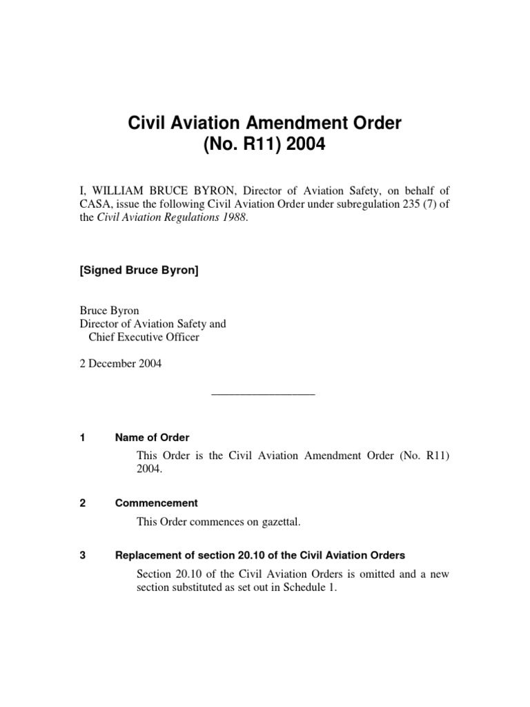 Civil Aviation Amendment Order (No. R11) 2004: (Signed Bruce Byron ...
