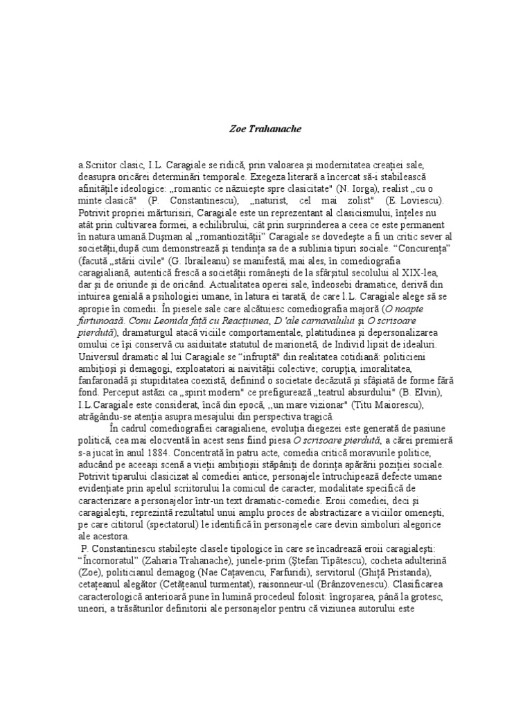 Caracterizare Zoe Trahanache | PDF