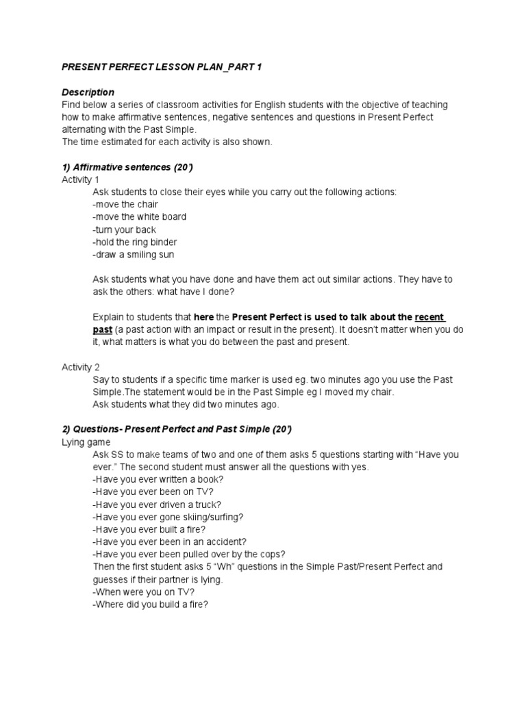Present Perfect Lesson Plan Activities | PDF | Foods