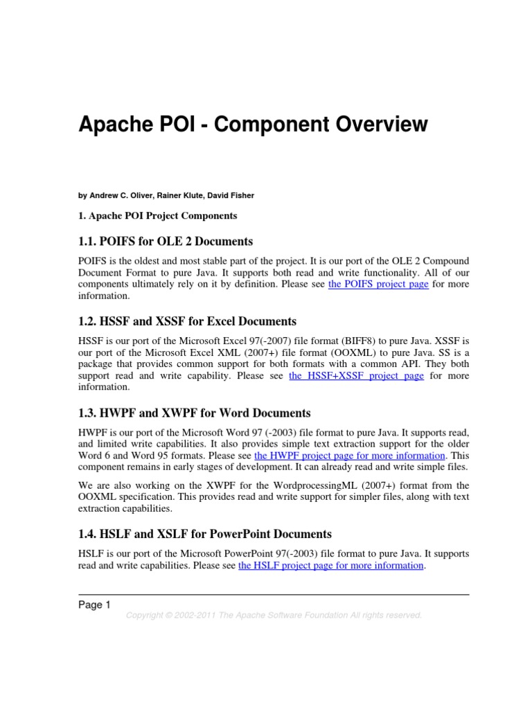 Apache POI - Component Overview: 1.1. POIFS For OLE 2 Documents | PDF ...