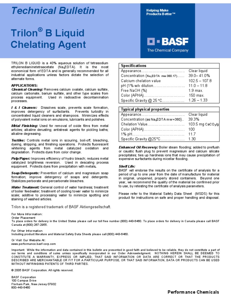 Trilon B Liquid (EDTA) PDF | PDF | Ethylenediaminetetraacetic Acid | Bleach
