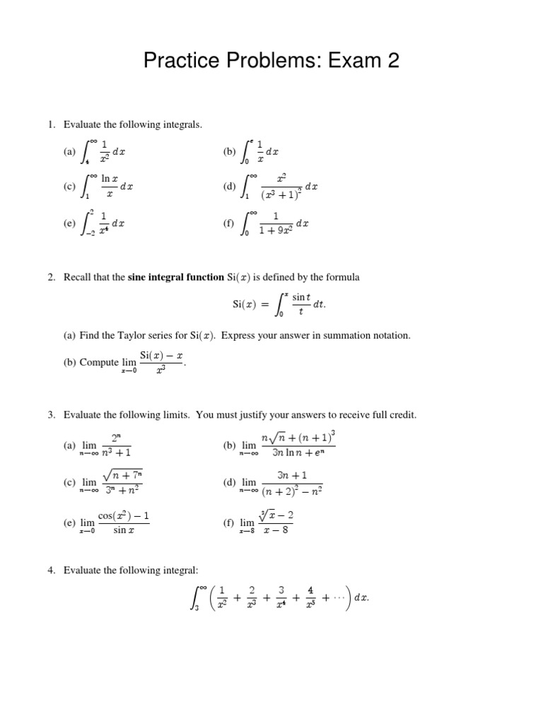 Exam 2 Practice Problems: Integrals & Series | PDF
