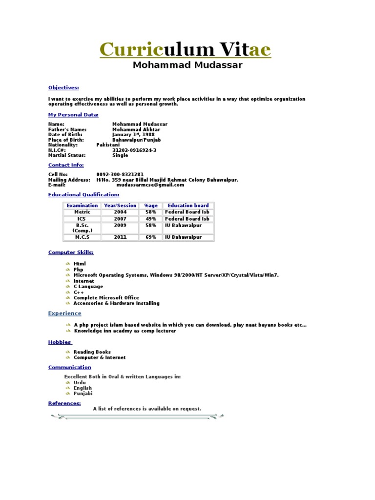 Curriculum Vitae of Mohammad Mudassar | PDF | Career & Growth