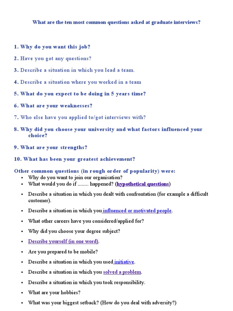 What Are The Ten Most Common Questions Asked at Graduate Interviews ...