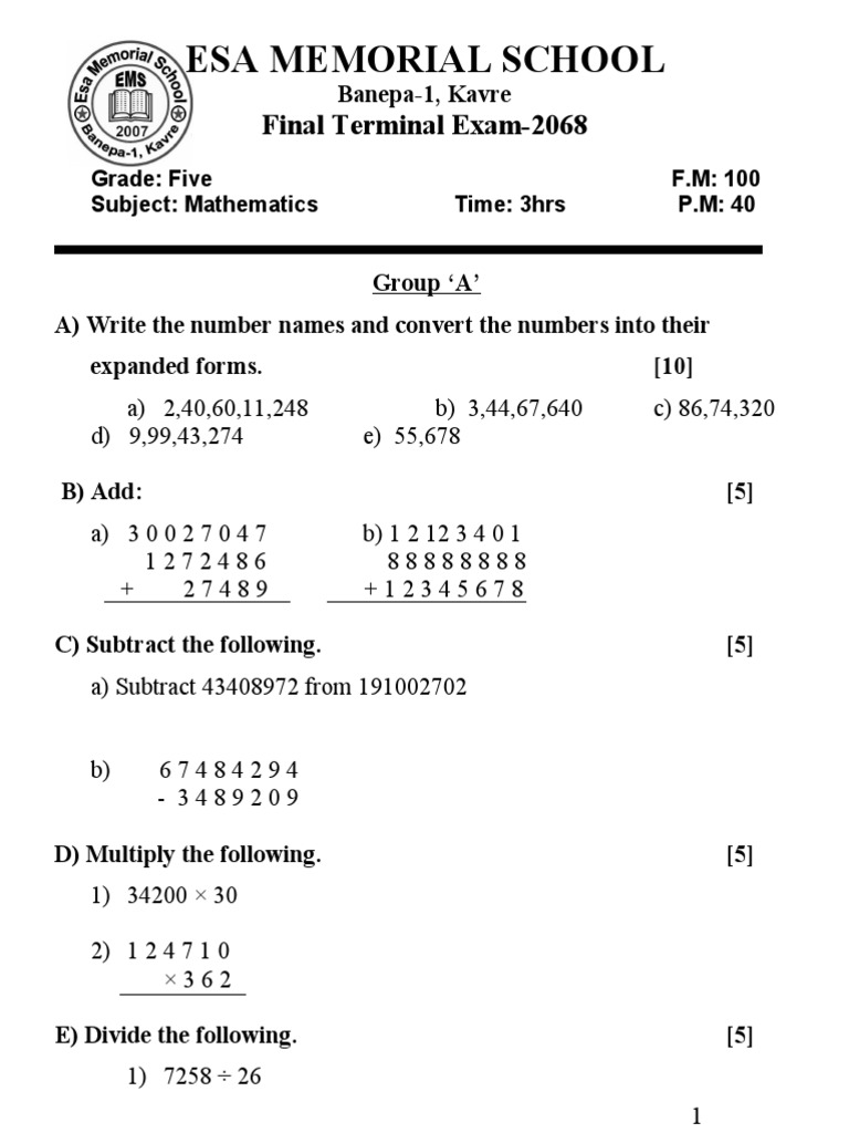 Grade 5 Math Exam Paper | PDF