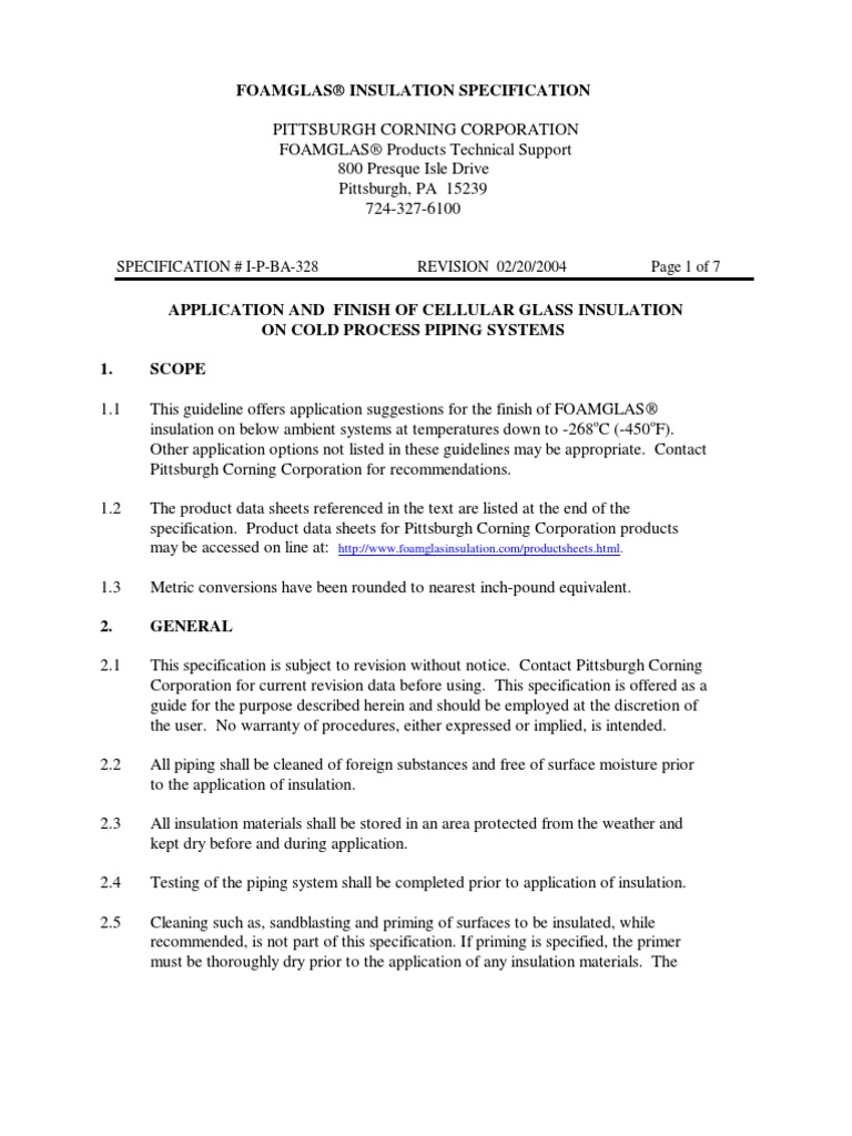 Pittsburgh Corning Foamglass Cold Process Piping Installation Guideline | PDF | Building ...