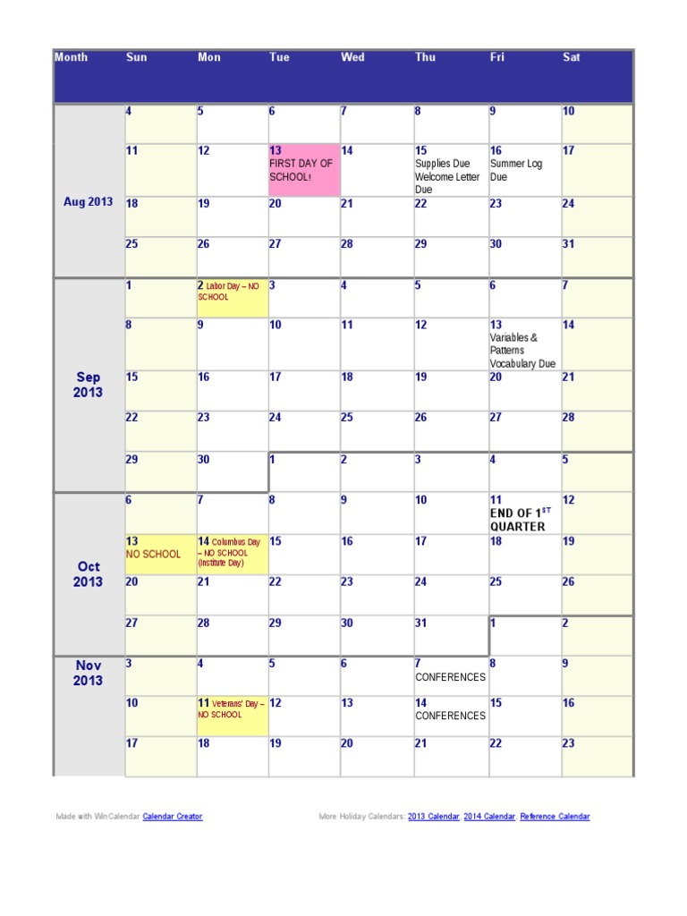 2013-2014 School Year Calendar | PDF | Home & Garden