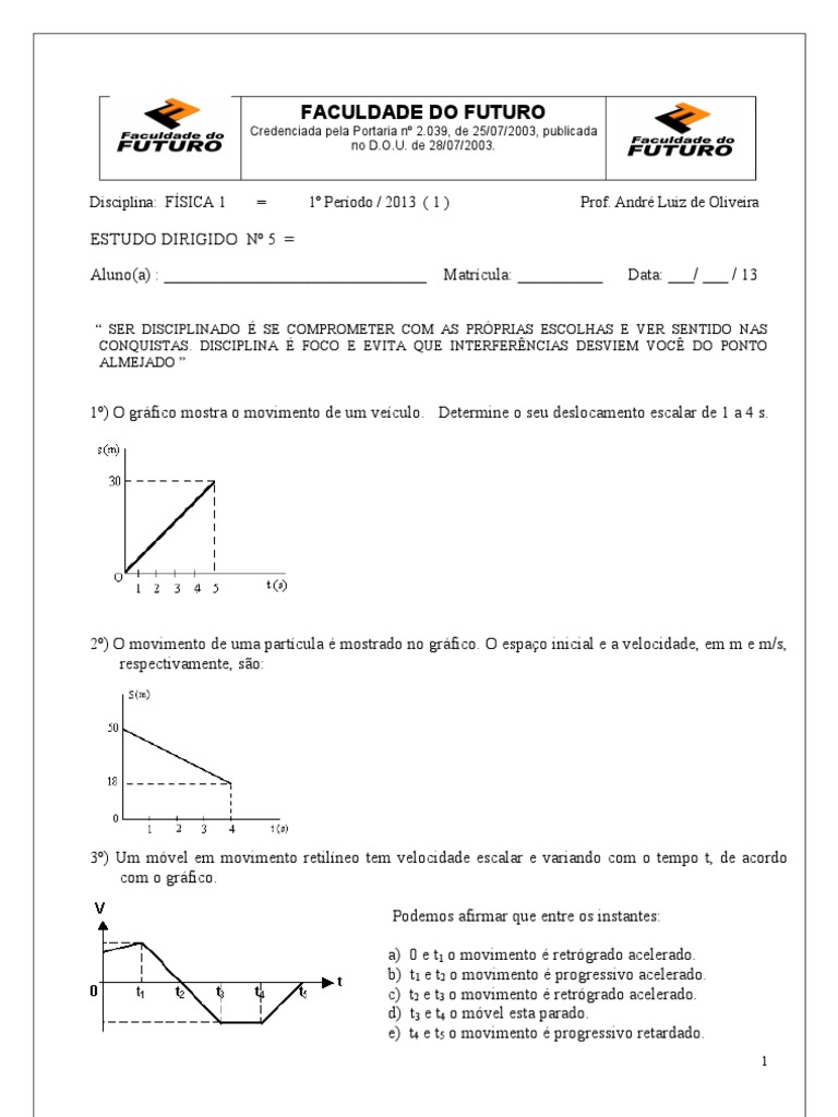 1º SEM 5 LISTA DE EXERCÍCIOS GRÁFICOS MRU e MRUV | PDF | Trajetória ...