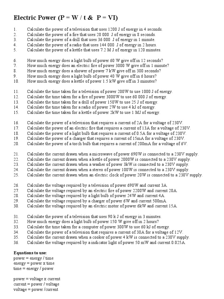 Electric Power (P W / T & P VI) : Equations To Use | PDF