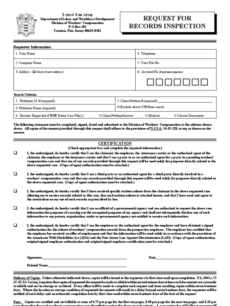 New Jersey Workers' Comp Records Request | PDF | Workers' Compensation ...