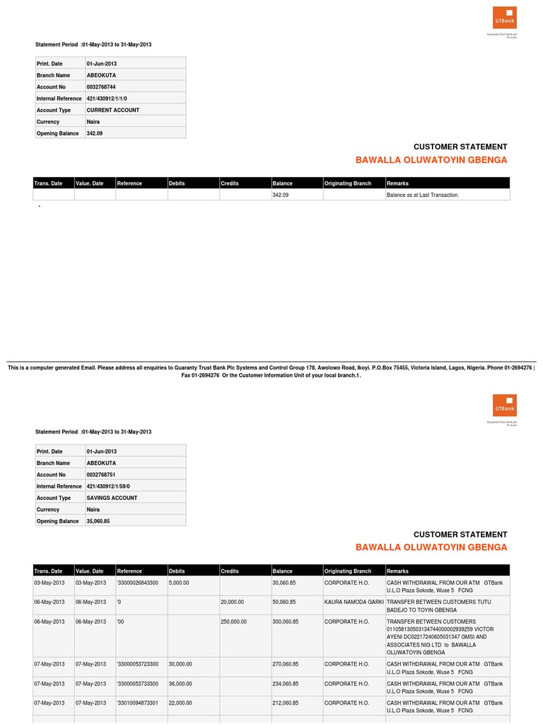 GTB Statement For The Month of May 2013 | PDF | Automated Teller ...
