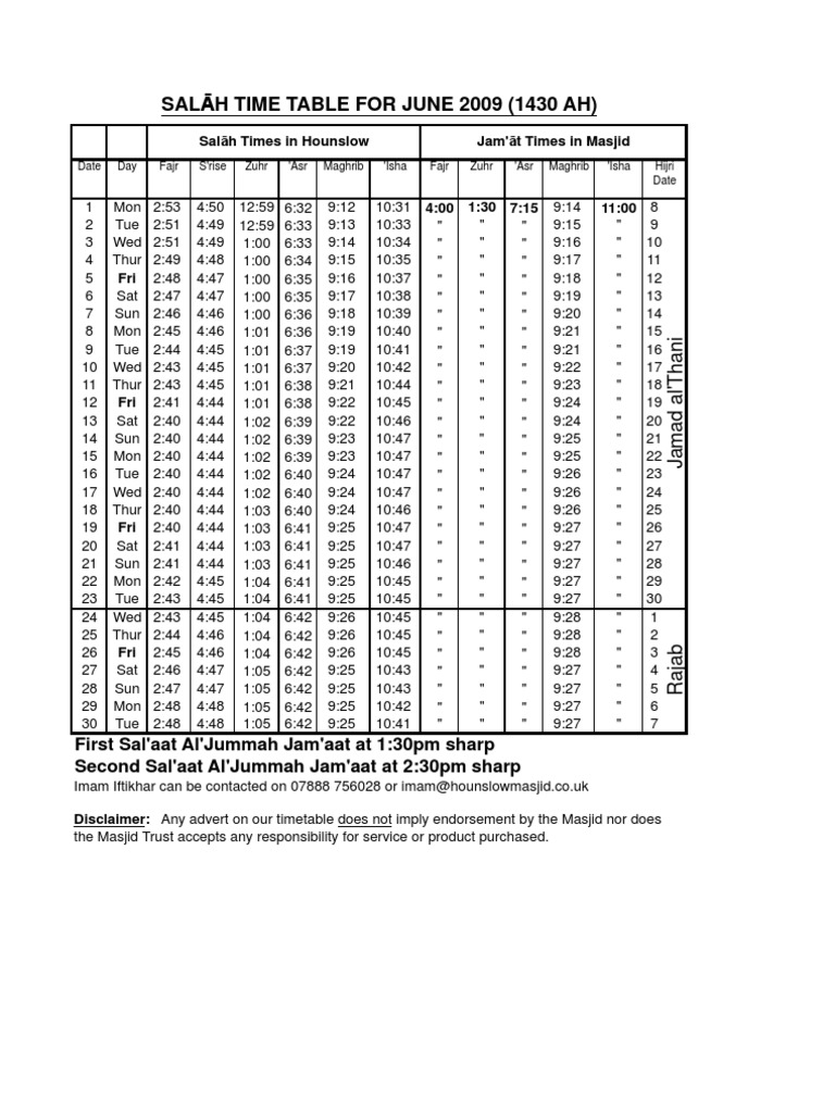 Hounslow Prayer Times June 2009 | PDF | Islamic Jurisprudence ...