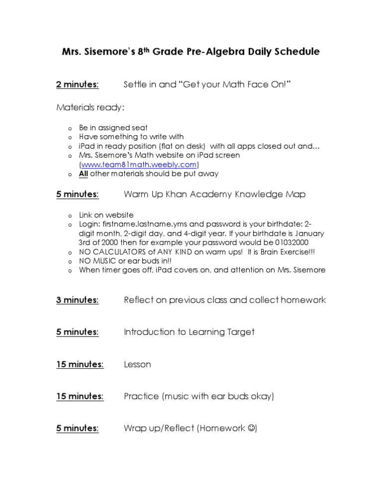 8th Grade Pre-Algebra Daily Schedule | PDF