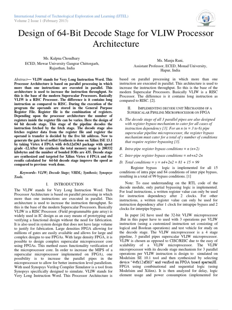 Design Of 64 Bit Decode Stage For Vliw Processor Architecture Pdf Field Programmable Gate