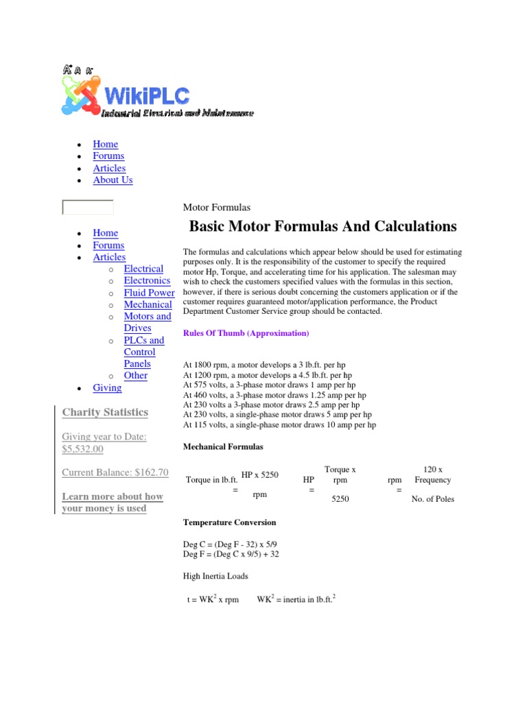Basic Motor Formulas and Calculations Guide | PDF | Horsepower ...